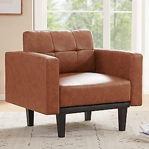 AYEASY Mid-Century Modern Leather Accent Set of 2, Oversized Upholstered Single Sofa Chair with Wood Base & Legs, Comfy Living Room Armchairs for Apartment Bedroom Office Study, Cognac/Espresso, Brown