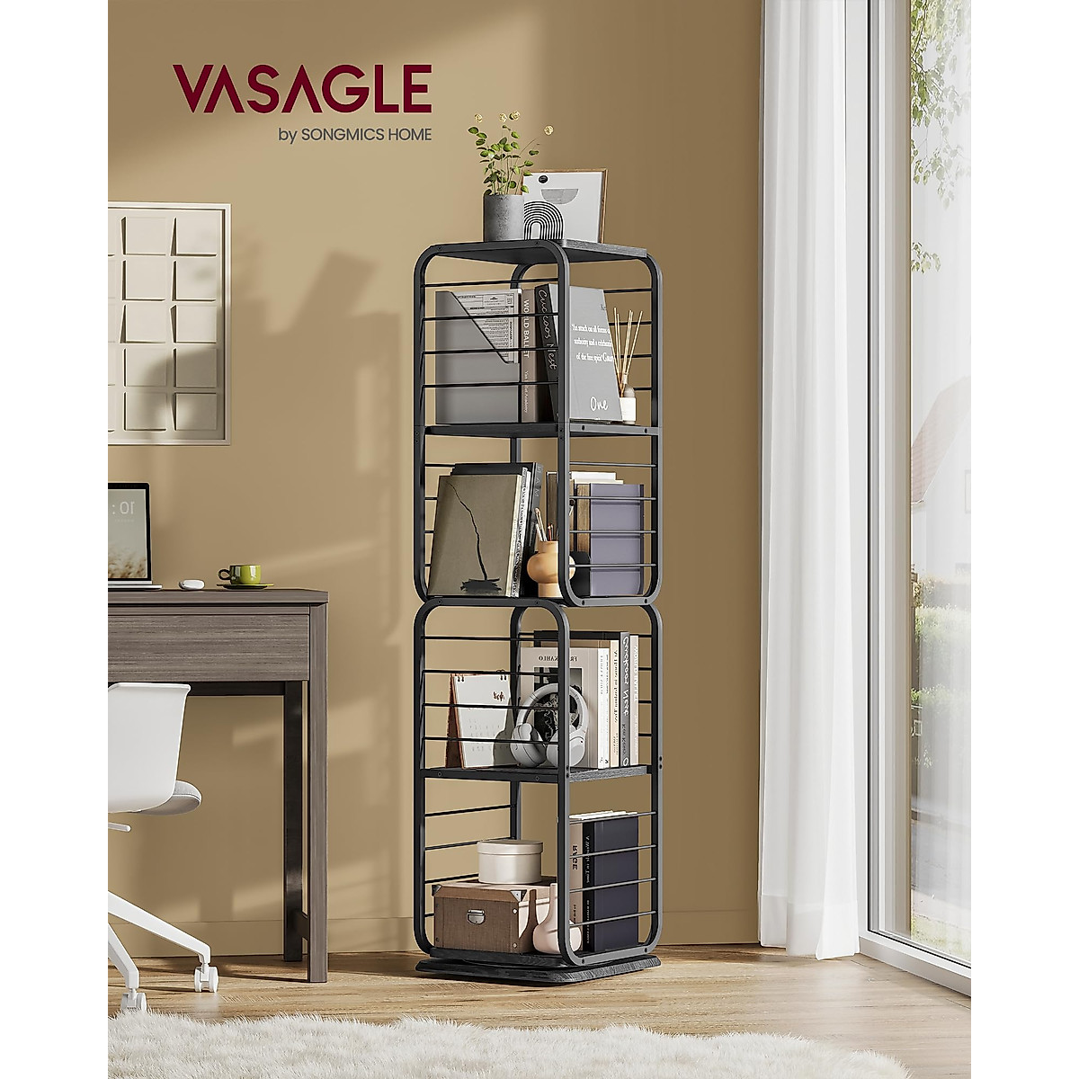 VASAGLE 4-Tier Rotating Bookshelf, Bookcase with Bookends for Small Spaces, Corner Shelf, Steel Frame, Ebony Black and Ink Black ULLS127B56