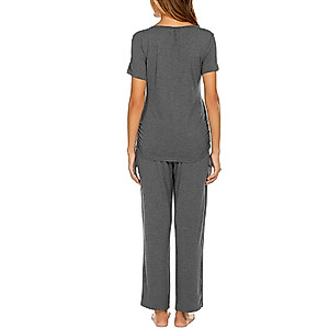 Ekouaer Women Nursing Pajama Set for Breastfeeding Maternity Sleepwear Side Ruched Pregnant Tops with Long Pants Sets Dark Grey S