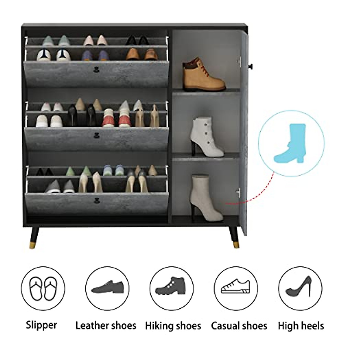 FUFU&GAGA Shoe Cabinet with 3 Flip Drawers & 1 Door for Entryway, Modern Shoe Storage Cabinet, Freestanding Shoe Rack Storage Organizer (Black/Grey, 47.2“W x 9.4" D x 47.2" H)