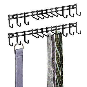 mDesign Closet Wall Mount Metal Accessory Organizer and Storage Center - Modern Slim Holder for Womens and Mens Ties, Belts, Scarves, Sunglasses, Watches - 12 Hooks, 2 Pack, Matte Black