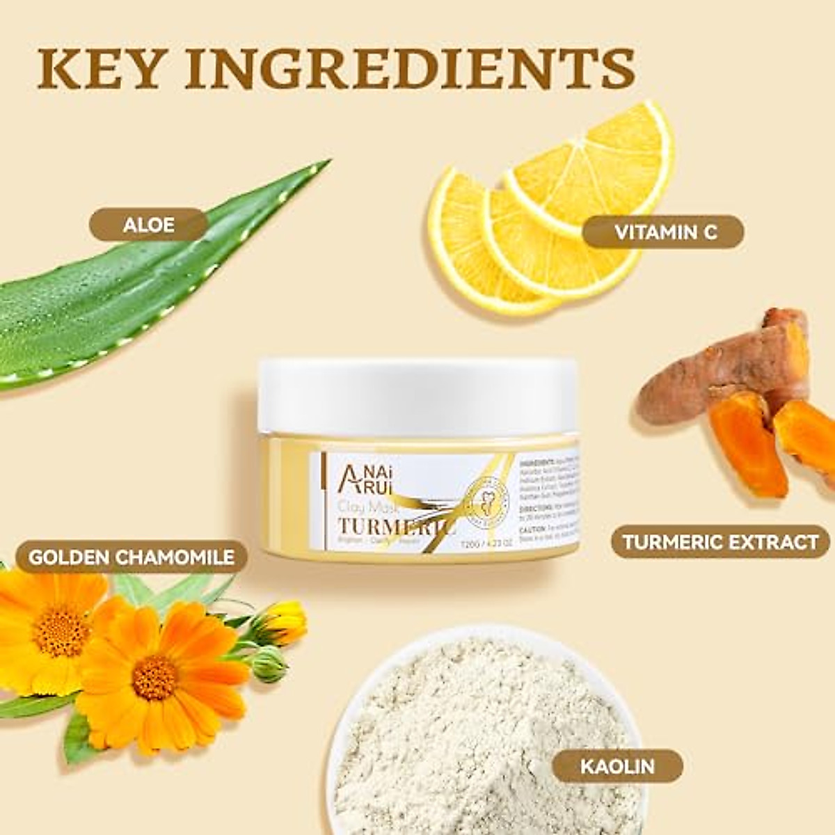 ANAI RUI Turmeric Vitamin C Face Mask for Dark Spots, Kaolin Clay Mask with Vitamin C E and Aloe, Skin Care Turmeric Clay Mask for Acne & Refineing Pores, Smooth & Radiant Skin, 4.23 OZ