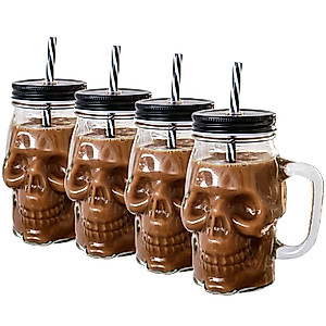 GXFCCYXT 16oz Skull Mason Jar Glass Cup - Set of 4, with Handle & Striped Straws & Black Lids, for Cold & Hot Drinks, Cute Reusable Beer Bottle, Iced Coffee Glasses, Party Juice Glass Cup