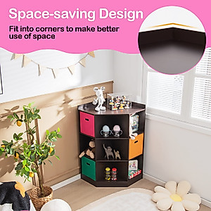 Costzon 9-Cubby Kids Bookcase with Large Storage Bins, Children's Corner Cabinet with 6 Cubes and 3 Shelves, Wooden Toy Organizers and Storage Book Shelves for Playroom Kids Room Nursery (Espresso)