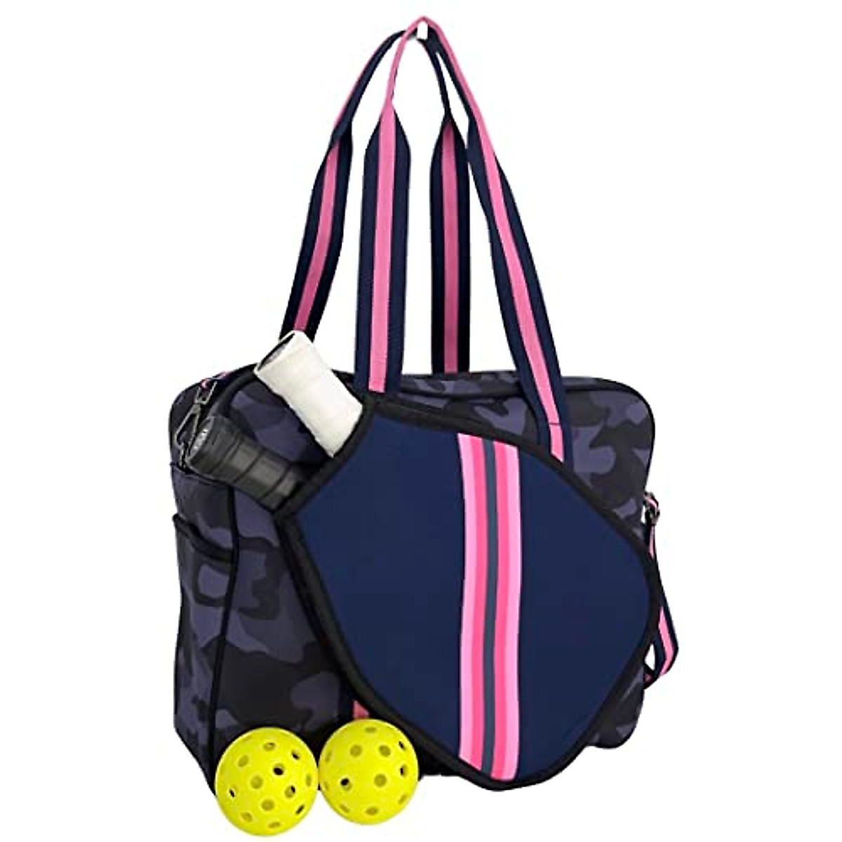 Queen of the Court Pickleball Bag, Pickleball Bag with Fence Hook, Pickle Ball Bag for Women, Cute Pickleball Bag (Navy Camo with Pink Stripe)