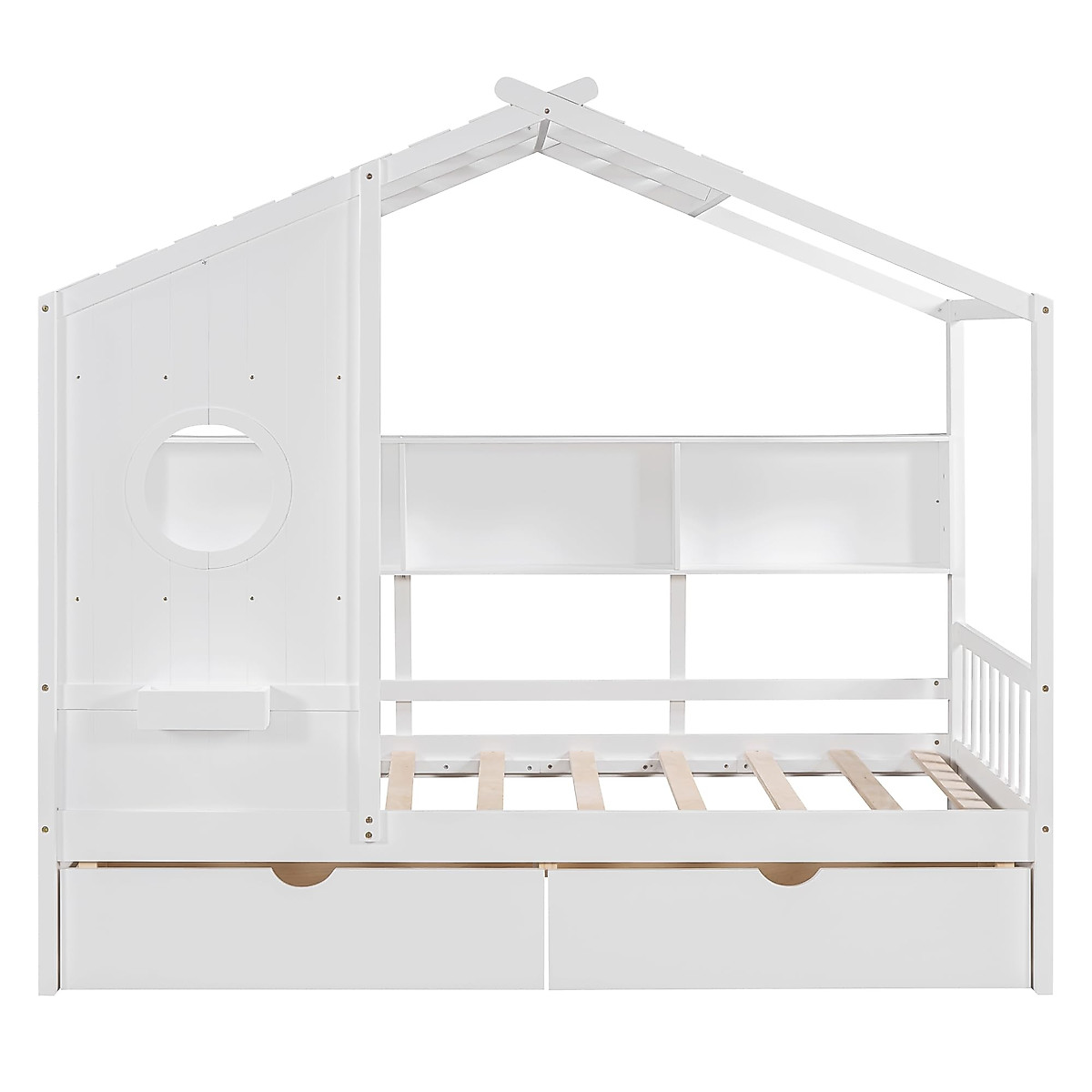 Wooden Twin Size House Bed with 2 Drawers,Kids Bed with Storage Shelf,for Kids Boys Girls Teens Bedroom Use (Twin, White@Drawers)