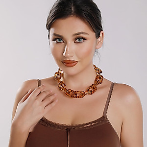Firstmeet Chunky Acrylic Tortoise Shell Oval Link Chain Choker Necklace for Women(XL-1115-Brown)