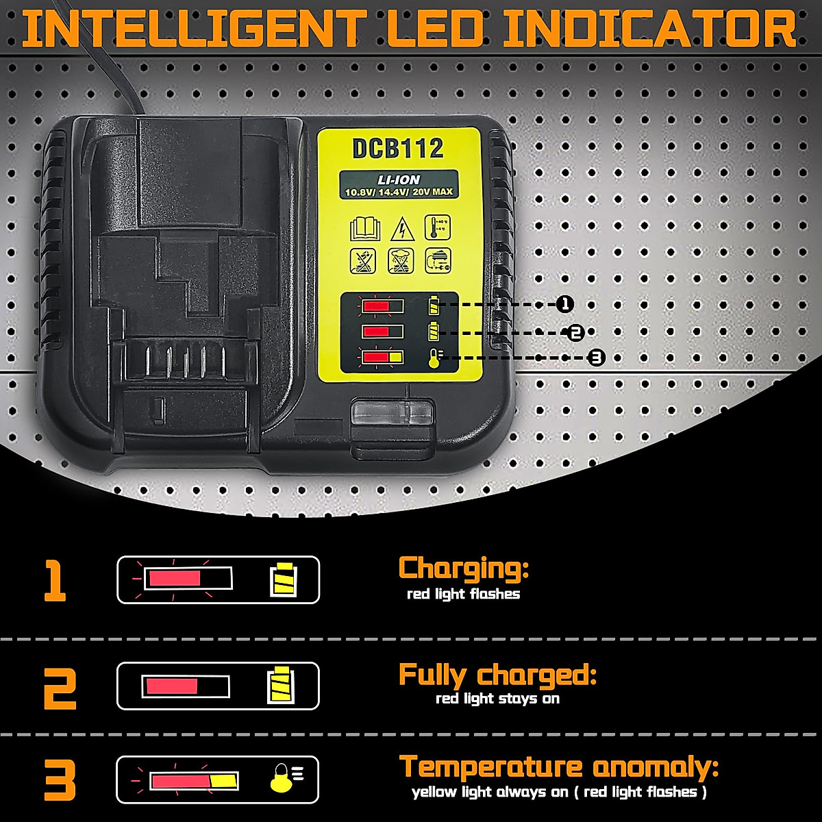 byczone Replacement Battery Charger DCB112 for Dewalt 20V Lithium-Ion Battery, Compatible with Dewalt 12V/20V Li-ion Battery DCB208 DCB206 DCB205 DCB204 DCB201 DCB200 DCB230 DCB240