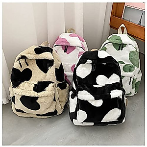 Tomato City Fuzzy Backpack Fluffy School Shoulder Bag Purse Pink Heart Pattern (Green Heart,Faux Fur), Medium