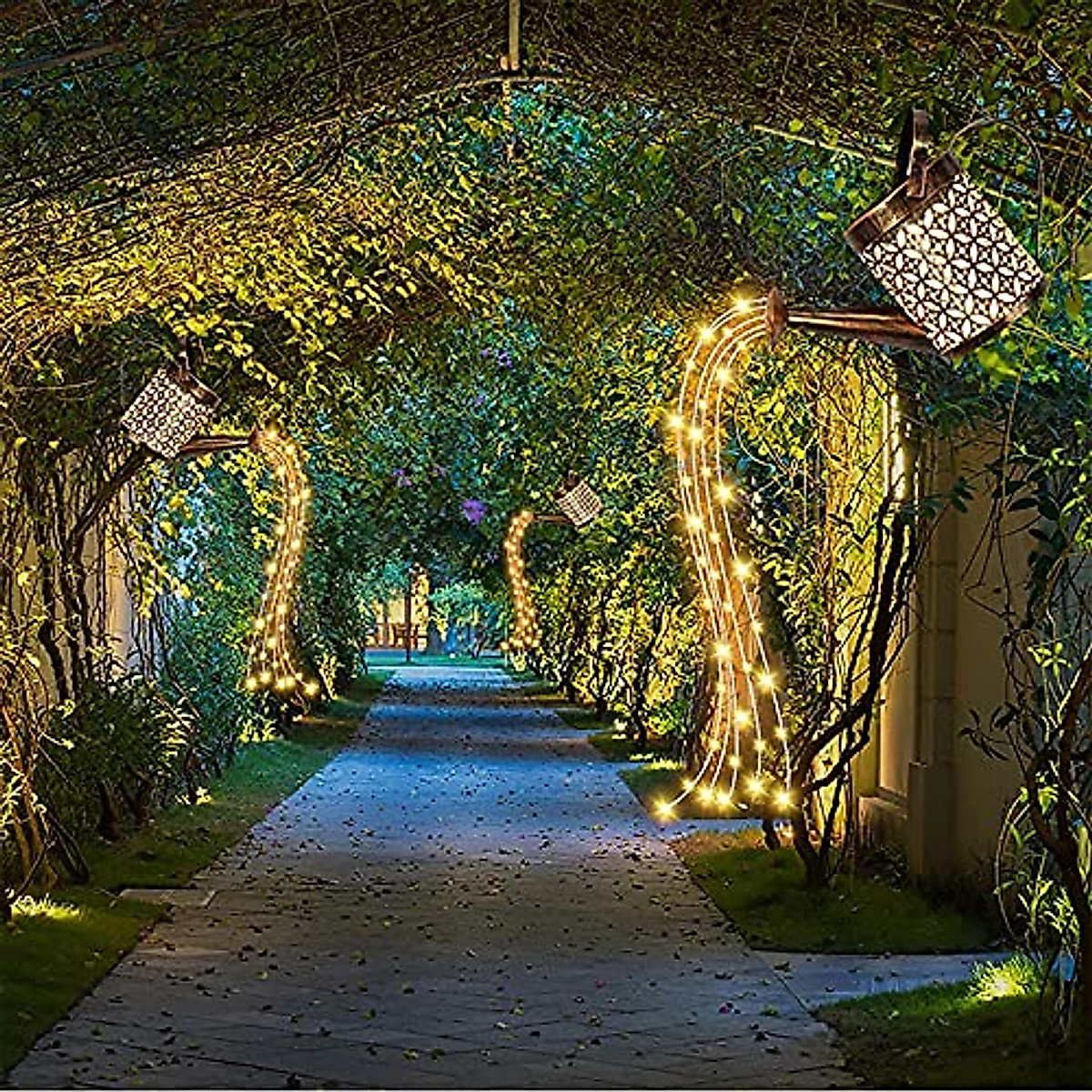 BB&UU Metal Garden Stake Lights,Outdoor Solar Garden Lights,Pathway Hollow Watering Can Solar Light,Decorative Fairy String Light Art Hanging Kettle Lantern-A 15.5x80cm(6x31inch)