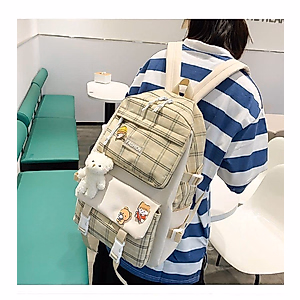 TABANA 5Pcs Kawaii Canvas School Backpack Combo Set with Pear Pendant Cute Pins Tote Bag Pencil Pouch Plaid Checkered Aesthetic Laptop Schoolbag Daypack Kit Back To School (Grey)