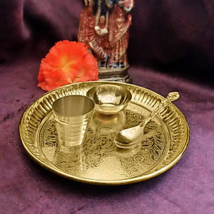 Satvik Brass 4 Pc Bhog Thali Set for Laddu Gopal with Glass, Bowl and Pooja Spoon for Home and Temple Kanha Ji Bhog Plate Set (Large)