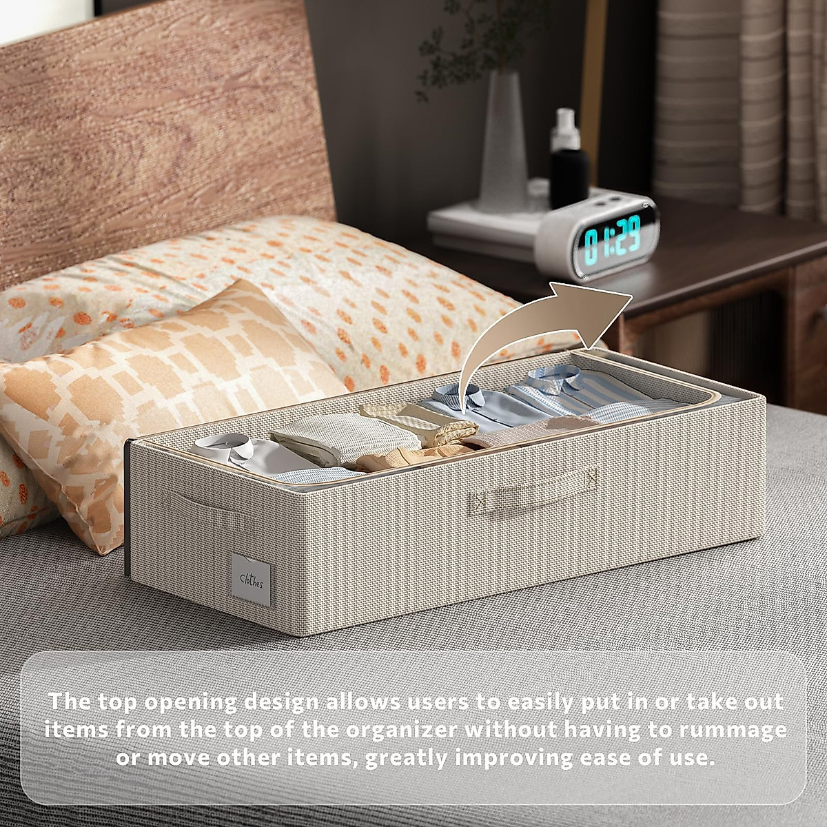 3Pcs Under Bed Storage Bins with Metal Frame - Shoe Organizer for Closet with Clear Cover Oxford Fabric Sturdy Underbed Container Foldable Stackable Clothes Organizer (Beige, 23.5x11.8x6.3)