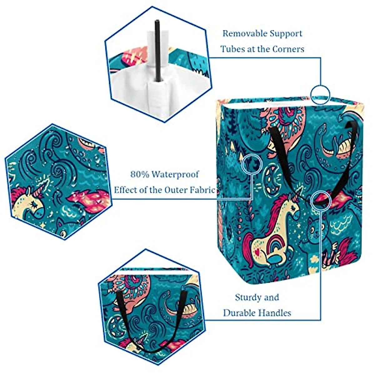 Dinosaur Sloth Unicorn and Cat Print Collapsible Laundry Hamper, 60L Waterproof Laundry Baskets Washing Bin Clothes Toys Storage for Dorm Bathroom Bedroom