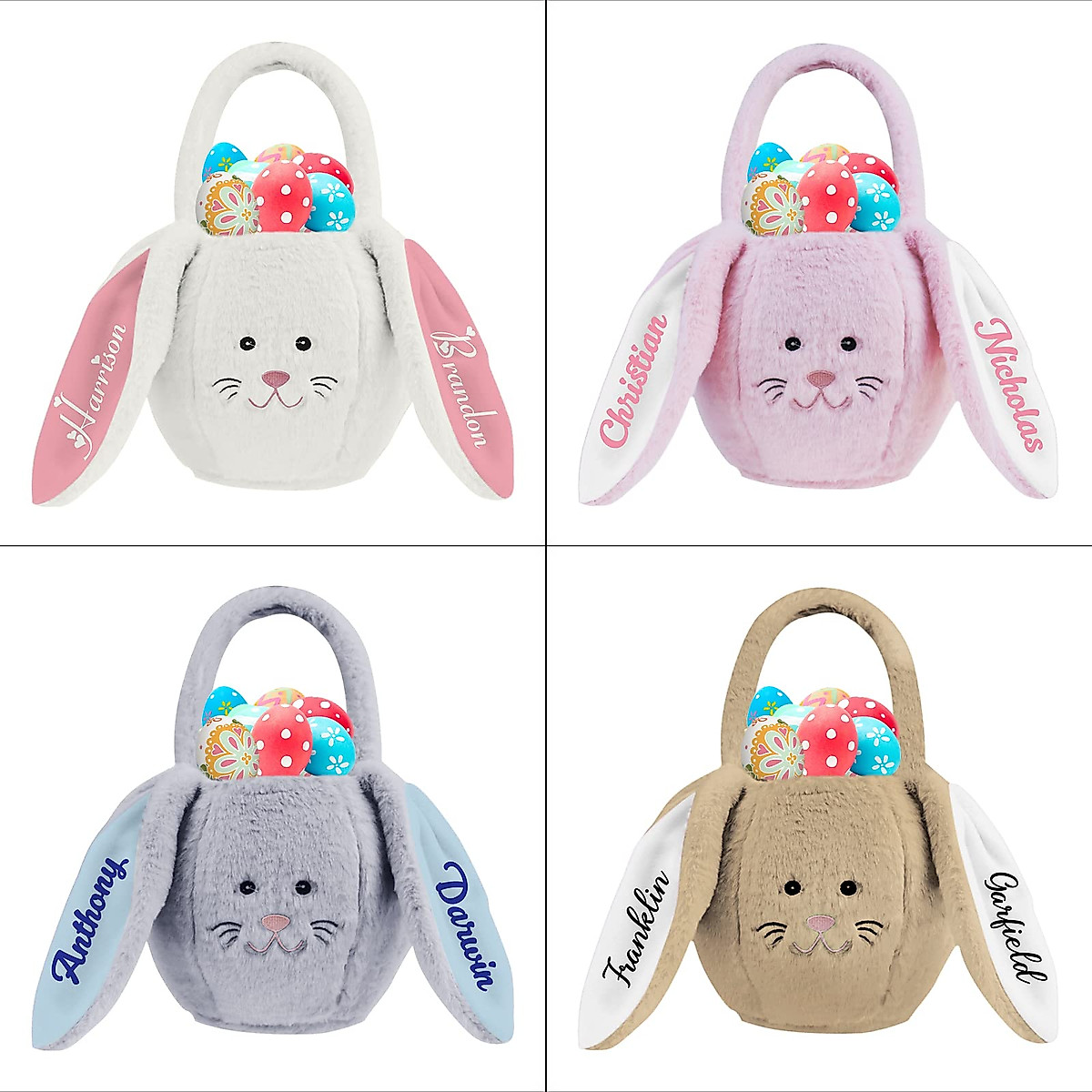 Personalized Easter Buckets with Name Custom Plush Buny Easter Basket with Handle Long Ears, Customized Egg Hunting Bags Easter Gift for Boys Girls, Easter Tote Bag for Candy（Brown）