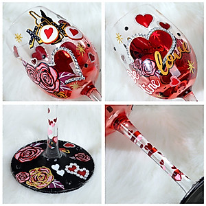 NymphFable Hand Painted Wine Glass Rose Heart Wine Glass for Her Wedding Anniversary Birthday Gift,15oz