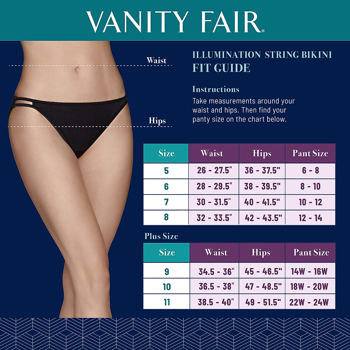 Vanity Fair Women's Illumination String Bikini Panties, Silky Stretch & Satin Trim, 3 Pack-Midnight Black, 8
