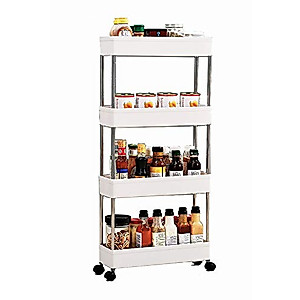 TXT&BAZ Mobile Ultra-Thin Storage Rack with Wheels, Slim Storage Cart，Rolling Cart，Kitchen Cart（4 Tier Plastic White