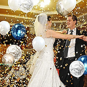 Metallic Blue and Silver Confetti Latex Balloons, Nesus 50 pcs 12 inch White and Metallic Silver Glitter Birthday Party Balloons with 65 Feet Silver Ribbon for Baby Shower Wedding Decorations