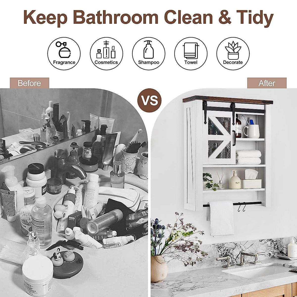 GAOMON Bathroom Organizer Cabinet, Over The Toilet Bathroom Cabinet with Towels Bar & Hooks, 3-Tier Over Toilet Cabinet with Sliding Barn Door for Bathroom Laundry Kitchen, Wall Mounted