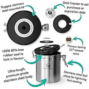 Coffee Gator Coffee Canister Duo Stainless Steel Coffee Container - Fresher Beans and Grounds for Longer - Date-Tracker, CO2-Release Valve and Measuring Scoop - Small, Gray & Silver