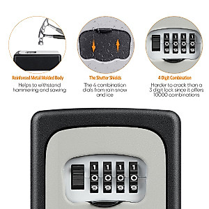 Key Lock Box Wall Mounted, Fayleeko 4 Digit Combination Lockbox for Outside, House Keys - 5 Keys Capacity, Key Safe Security Storage Lock Box for Indoor, Outdoor, Garage, Garden, Store (1-Pack, Gray)