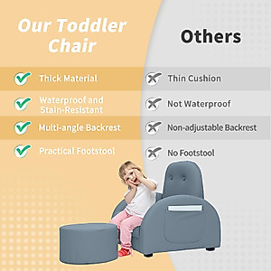 DEYGIA Kids Couch, Toddler Chair with Ottoman, Toddler Couch with 5 Adjustable Backrests, Leatherette Sofa Chair is Waterproof and Stain-Resistant, Kids Sofa for Girls and Boys (Blue)