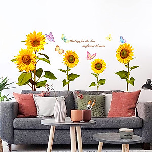 Sunflower Wall Decals Butterfly Sticker Garden Sun Flowers Plants Wall Sticker for Bedroom Living Room Kids Room Kitchen TV Background Wall Decoration Art Decor Sunflowers Wallpaper Peel & Stick