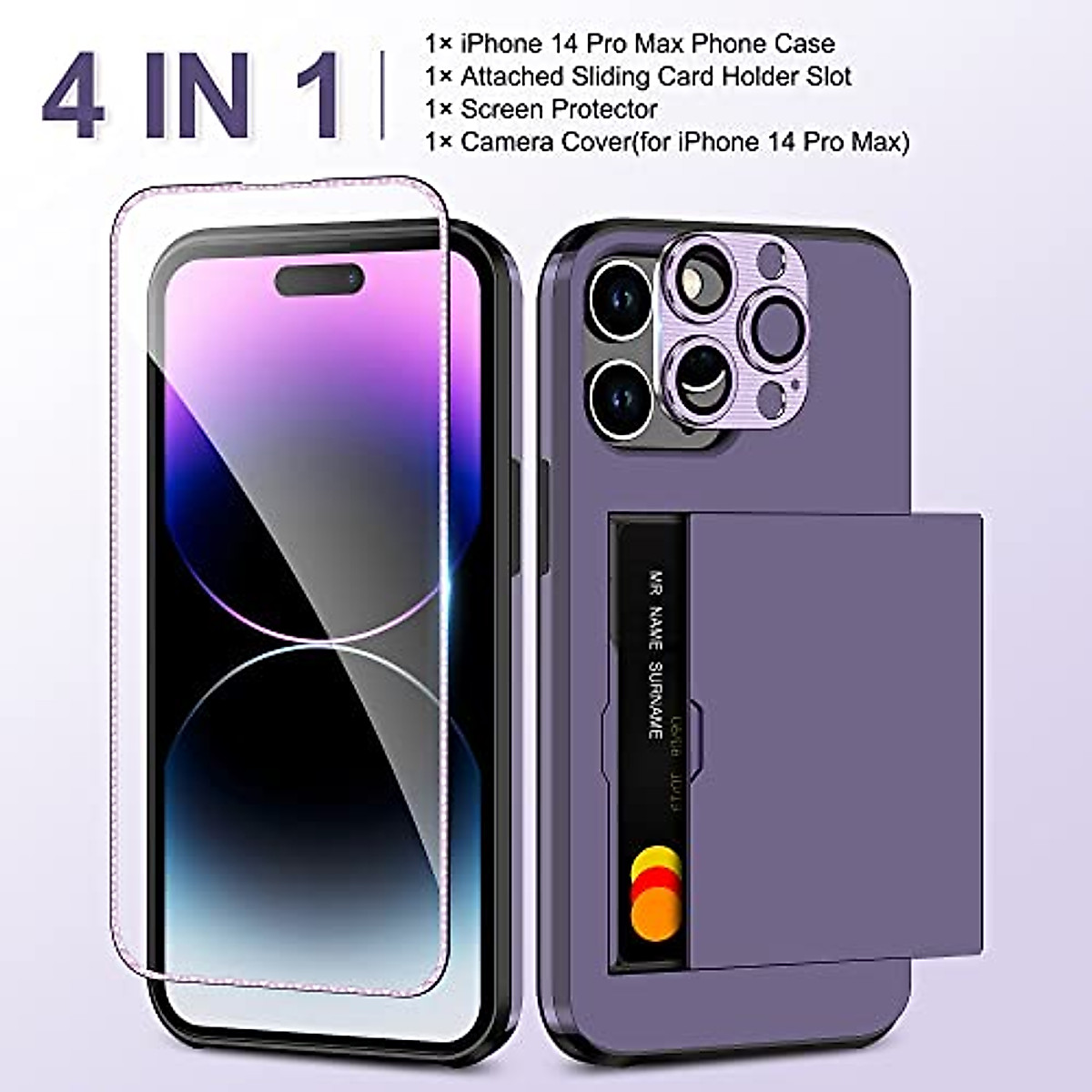 SAMONPOW 4-in-1 iPhone 14 Pro Max Case with Screen Protector & Camera Cover Full Body Hybrid iPhone 14 Pro Max Case Wallet Card Holder Shockproof Protective Case for iPhone 14 Pro Max for Women Men