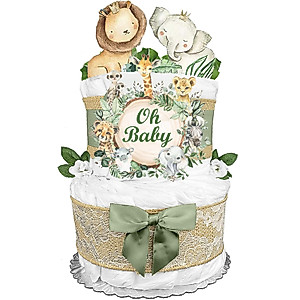 Safari Diaper Cake - Gender Neutral Baby Gift - Medium 2-Tier - Burlap and Sage Green