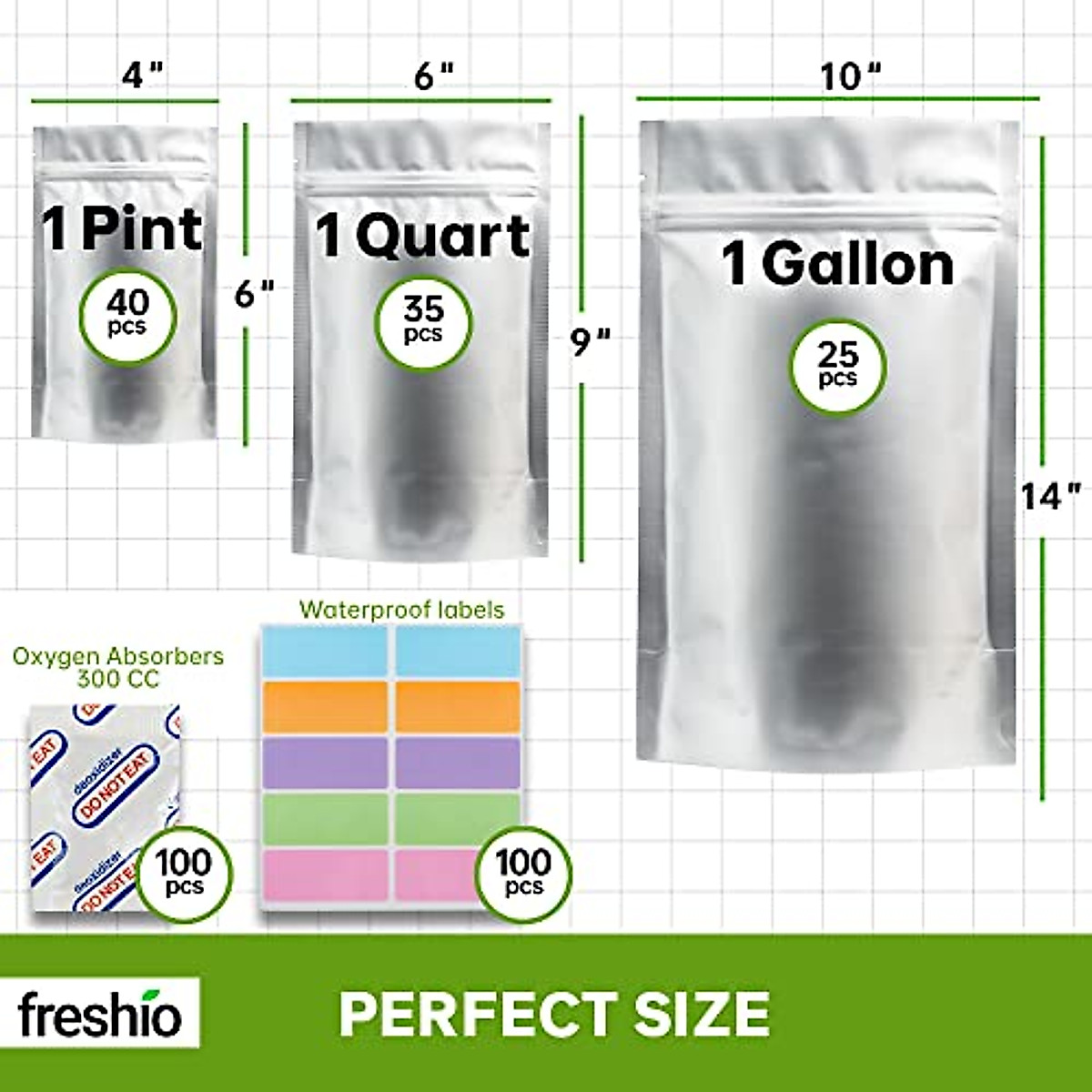 Freshio 10 Mil Extra thick Resealable Mylar Bags for Food Storage - Pack of 100 Mylar bags with oxygen absorbers 300 cc & Labels - 1 Gallon (25 pcs) - 1 Quart (35 pcs) - 1 Pint (40 pcs).