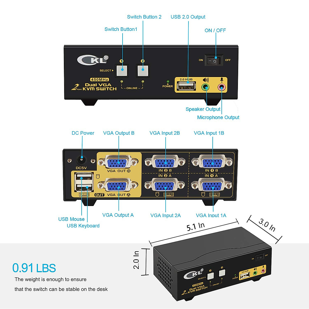 CKL VGA KVM Switch 2 Port Dual Monitor Extended Display (CKL-822UA)