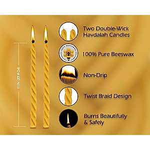 Ner Mitzvah Braided Beeswax Havdalah Candle - 2 Pack - 10" Hand Dipped Bees Wax Braided Candle - Thick Round Twist Braid - Shabbat Judaica Gift