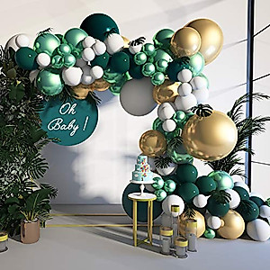 Soonlyn Jungle Party Decorations Balloon Garland Arch Kit 125 Pcs, Double Stuffed Emerald Green Gold Matellic White Balloons with Large Leaves for Safari Birthday Party Decorations Baby Shower