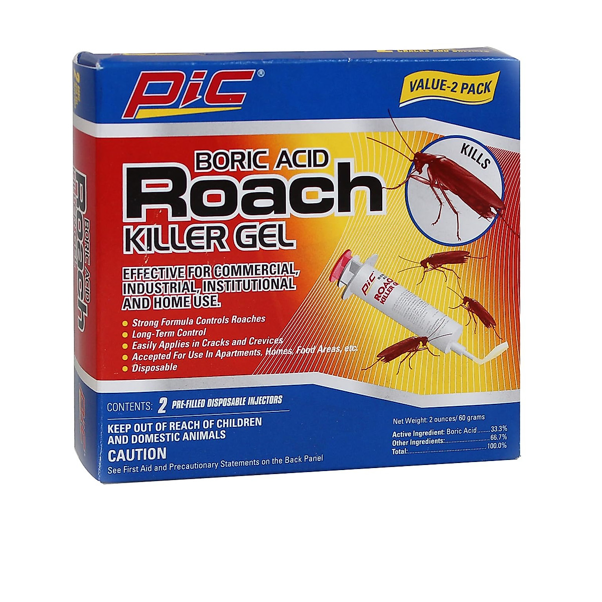 PIC GEL Boric Acid Roach Control Gel, 1-Ounce Syringe, 2-Pack , White