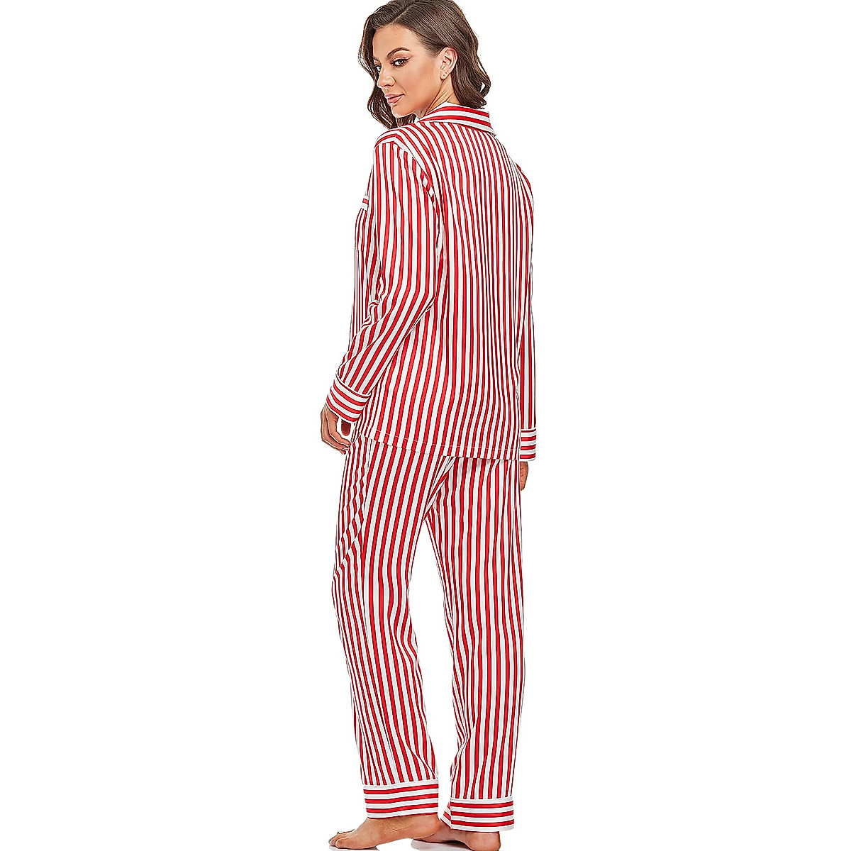 Serenedelicacy Women's Satin Pajama Set Long Sleeve Button Down Sleepwear 2-Piece Striped Silky Pj Set (Medium, Red, Striped)