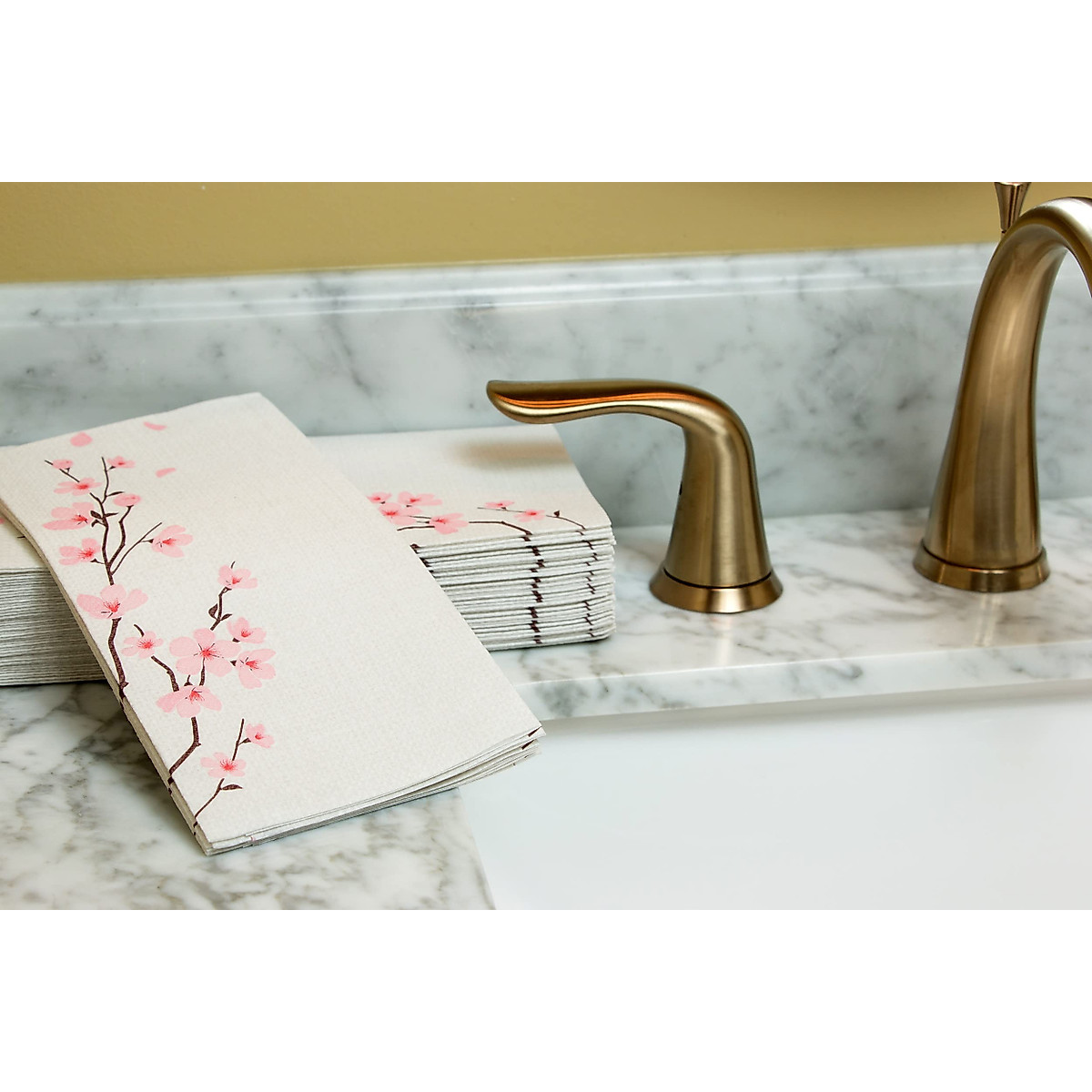 Simulinen Cherry Blossom Disposable Guest Towels - Cloth-Like, Single-Use, Linen Feel Paper Towels, 12x17, 100ct (Made in Germany)