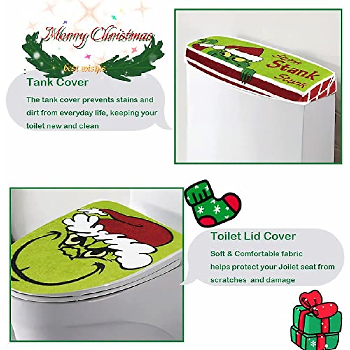 Aeojoy St Patricks Day Decorations, Grinch Bathroom Set, 4 PCS Bathroom Toilet Seat Sets