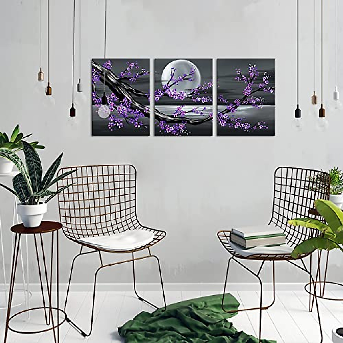 LoveHouse 3 Piece Purple Flower Tree Wall Art for Bedroom Cherry Blossom Tree in Full Moon Night Landscape Canvas Prints Artwork for Home Wall Decoration Ready to Hang 12x16inchx3pcs (Cherry Blossom)