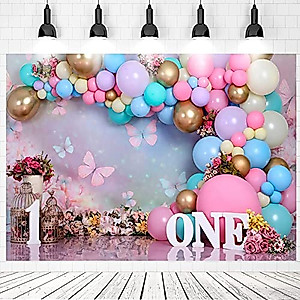 Pink Gold Balloon Girl First Birthday Party Backdrops Sweet One Wonderland Flowers Butterfly Photography Background Birdcage Princess Birthday Decorations Newborn Baby Shower Cake Smash Banner 7x5ft…