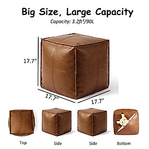 DMeHoo Unstuffed Pouf Foot Stool Ottoman, Faux Leather Pouf Cover, Handmade Square Floor Poufs Chairs for Living Room, Balcony, Bedroom (Brown, 17.7''*17.7''*17.7'', No Filling, Unstuffed)