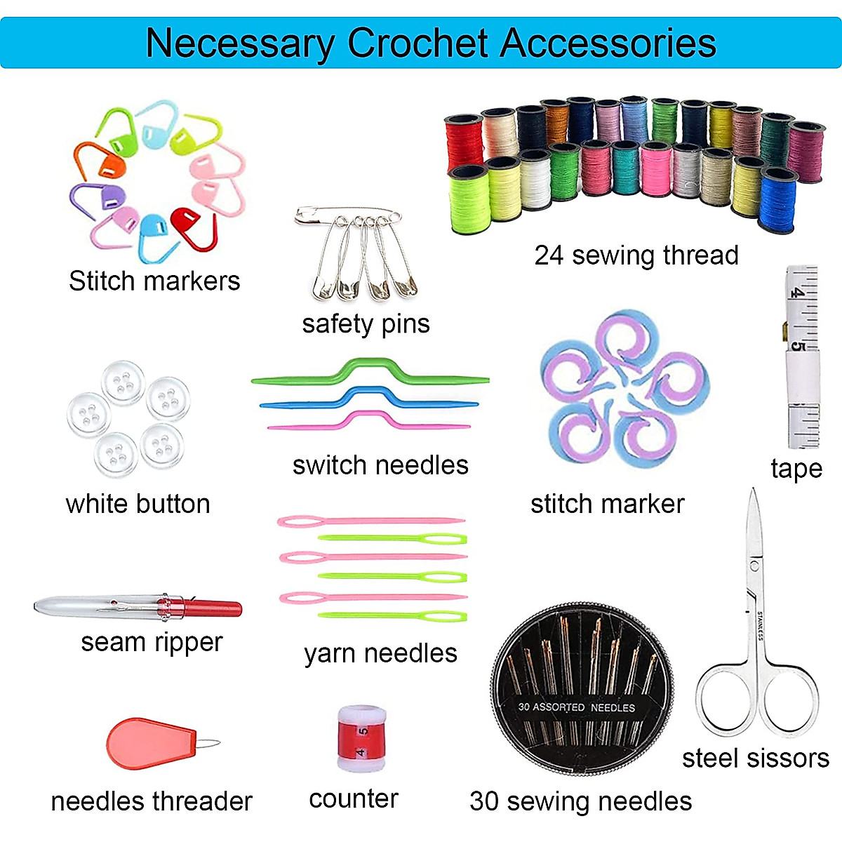 Weabetfu 121PCS Crochet Hooks & Sewing Kit,Aluminum Crochet Hooks & Lace Crochet Hook,Crocheting Hook for Knitting,Complete Crochet Set for Beginner,Traveler-Included Accessories