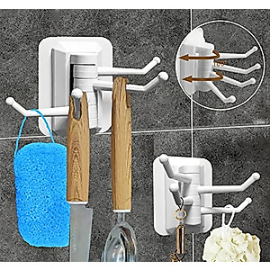 Fineget Wall Adhesive Hooks for Hanging Bathroom Kitchen Door Hooks 4 Rotatable Arms Round Heavy Duty Hooks White 2 Pairs