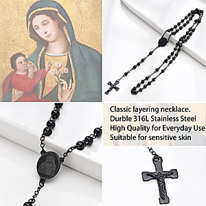 VNOX Rosary Cross Necklace for Men Women,Long Rosary Beads Catholic Cross Y Necklace with Crucifix Cross Virgin Mary Medal Pendant,6mm Bead,Black