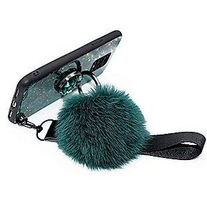 Case for Xiaomi Redmi Note 9 Pro Case Marble,Girls Women Glitter Rhinestone Diamond Bling Hybrid Hard PC Soft Rubber Silicone Cover Bumper Shockproof Protective Case & Furry Ball Ring Kickstand,Green