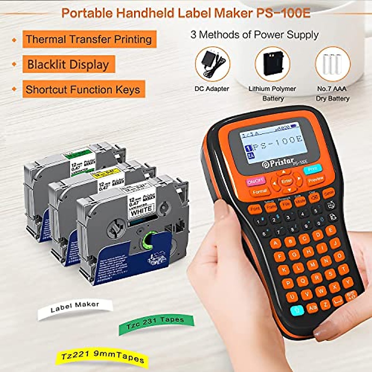 Pristar PS100E Label Maker with 7 Tapes 12mm 0.47 Laminated White, Handheld Labeler with Keyboard, Easy to Use for Tze 3.5-12mm Tapes, Multiple Line Labeling, Home Office Industrial Label Machine