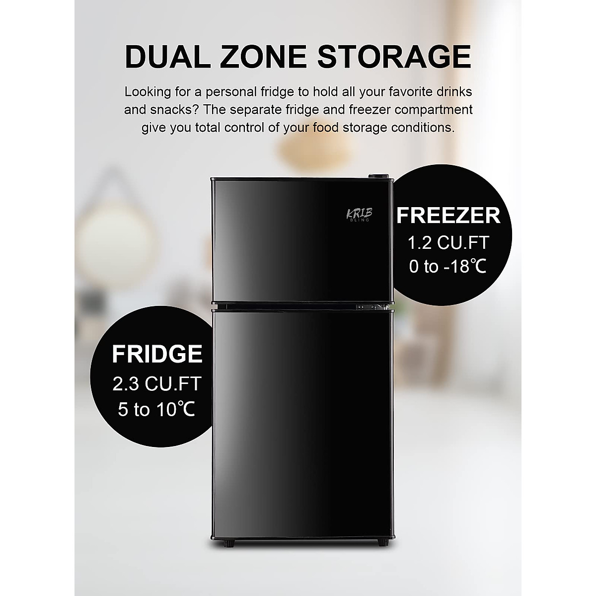KRIB BLING 3.5 Cu.Ft Refrigerator 2 Door 7 Level Adjustable Thermostat Control Top-Freezer Refrigerator Lock Fresh Energy Saving Black (KB03-FLS-80-BLACK)