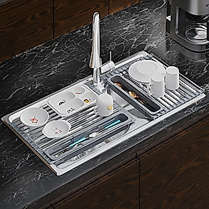 SINOART Over The Sink Dish Drying Rack, Roll Up Dish Drying Rack Kitchen Dish Rack Stainless Steel Sink Drying Rack, Foldable Dish Drainer, Gray(Elongated 13'' x 23'',shorten 13'' x 13''- Expandable)