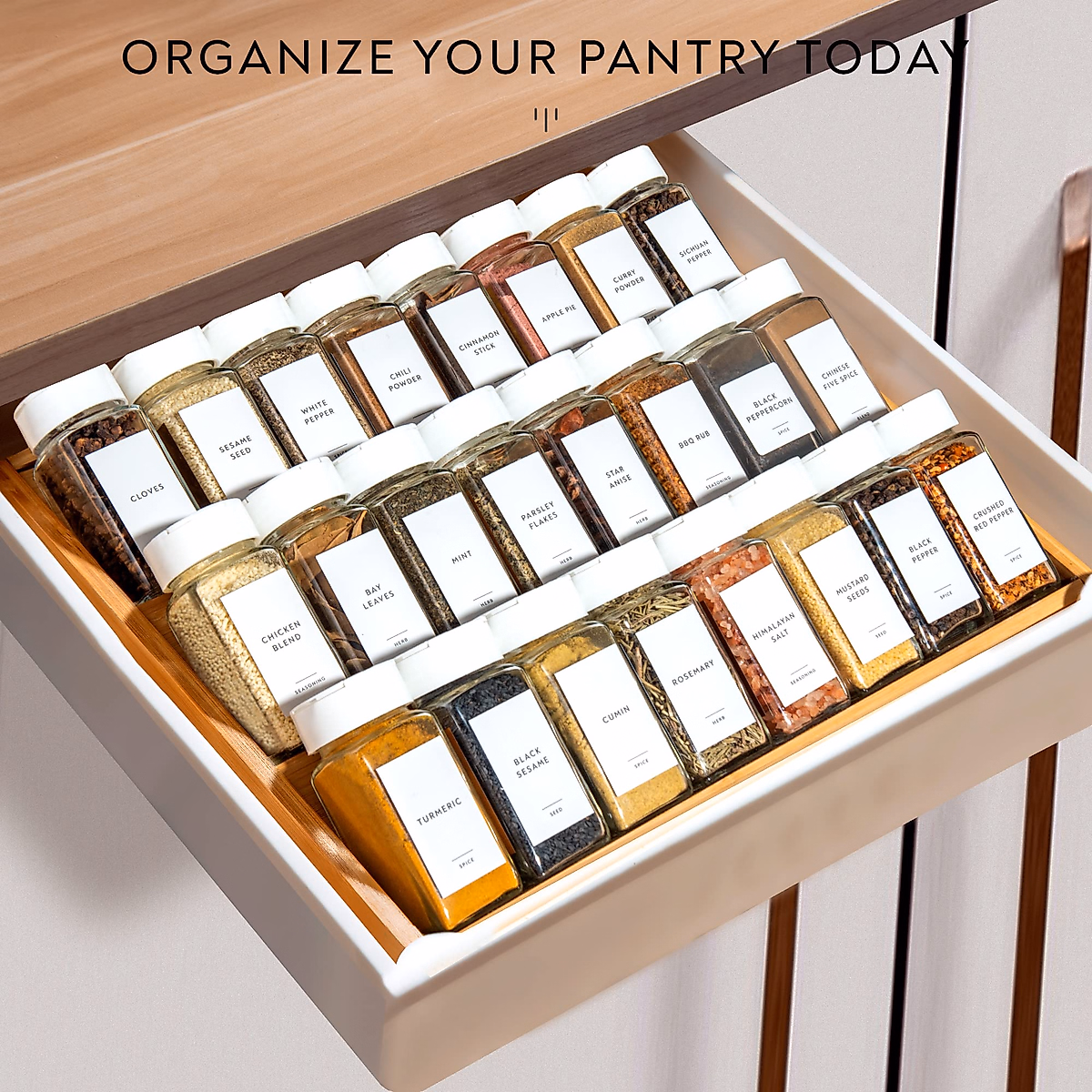 Laramaid 4oz 48Pack Glass Jars with 304 Minimalist White Premium Spice Labels, White Plastic Shaker Lid Dispenser, Black Chalk Marker, Cleaning Brush and Collapsible Silicone Funnel