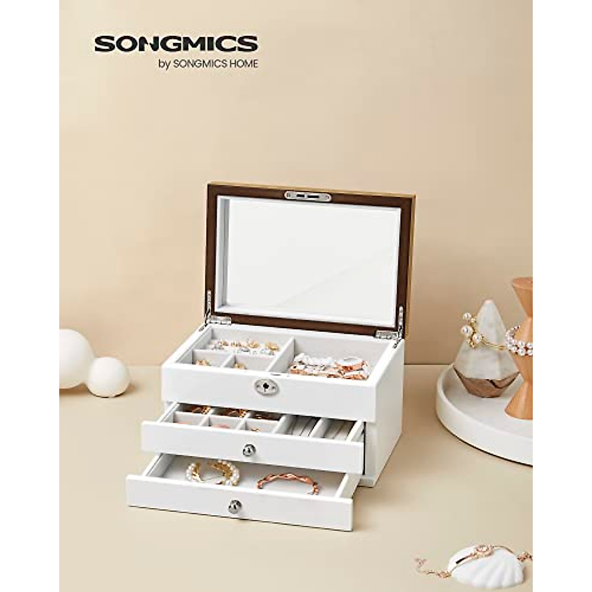 SONGMICS Jewelry Box, 3-Tier Jewelry Organizer Box, Locking Jewelry Case with Large Mirror, 2 Drawers, Gift Idea, for Rings, Earrings, Bracelets, Necklaces, White and Wood Grain Color UJOW15WN